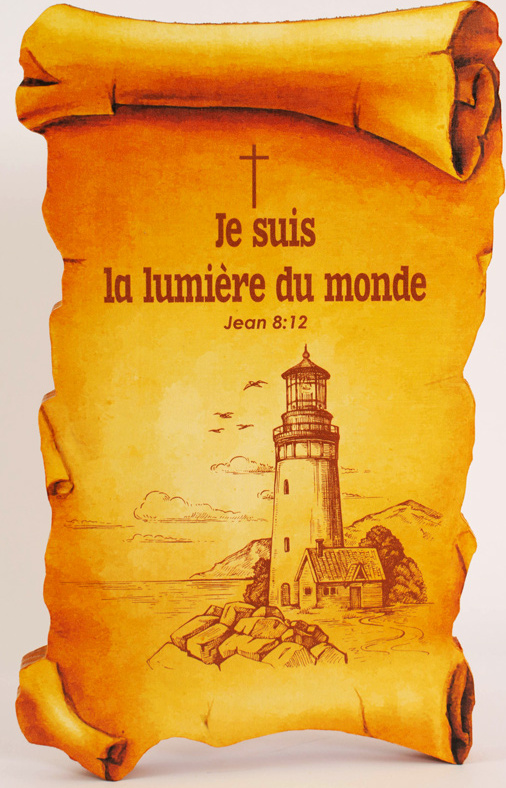 Cadre parchemin "Je suis la lumière du monde" - vertical :: La Maison de la Bible France